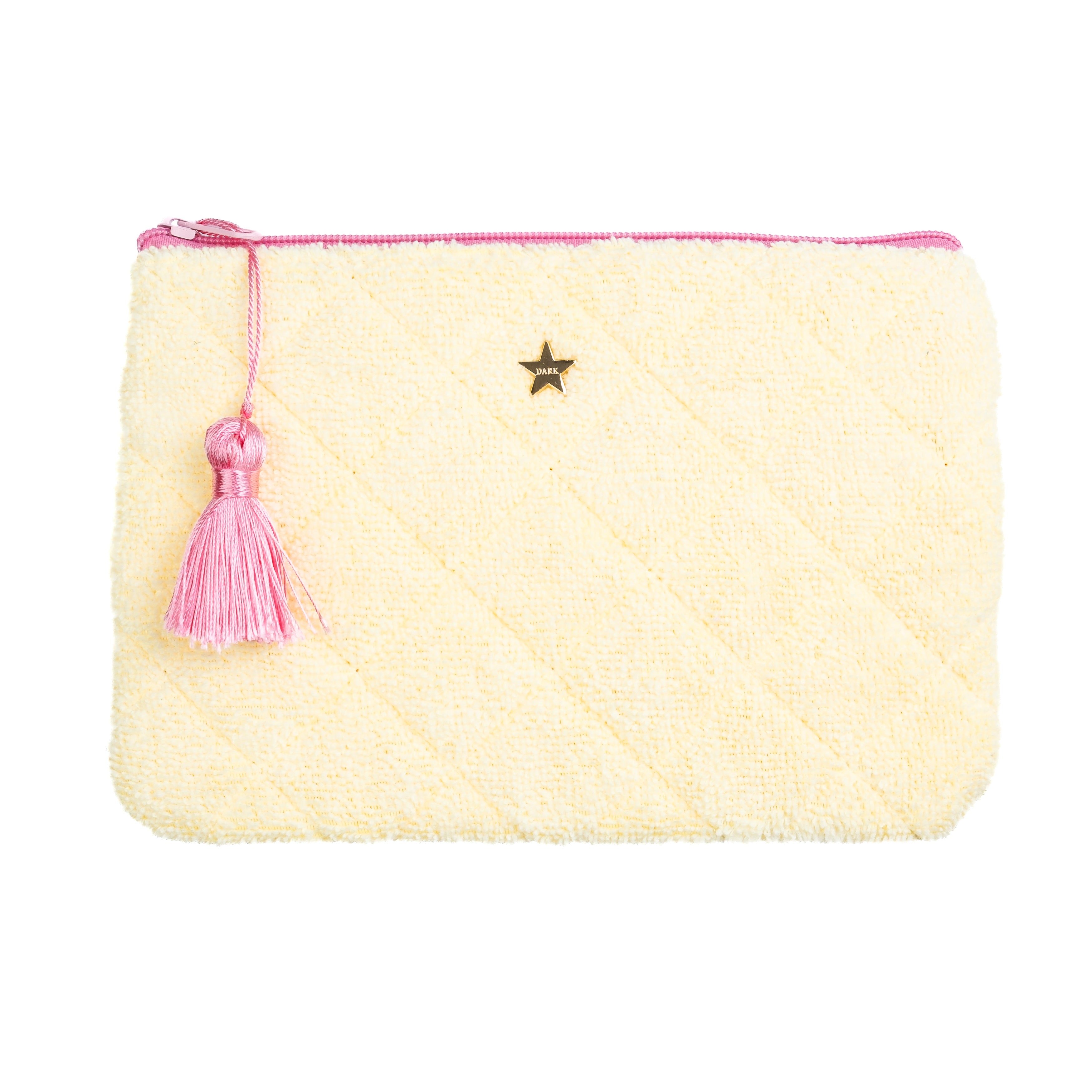 TERRY QUILTED SMALL POUCH PALE YELLOW W/BUBBLEGUM PINK – DARK department